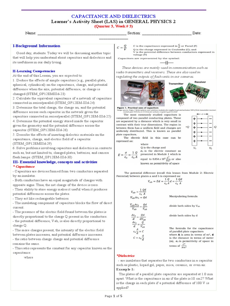 Learner's Activity Sheet (LAS) in GENERAL PHYSICS 2: Capacitance and Dielectrics | PDF ...