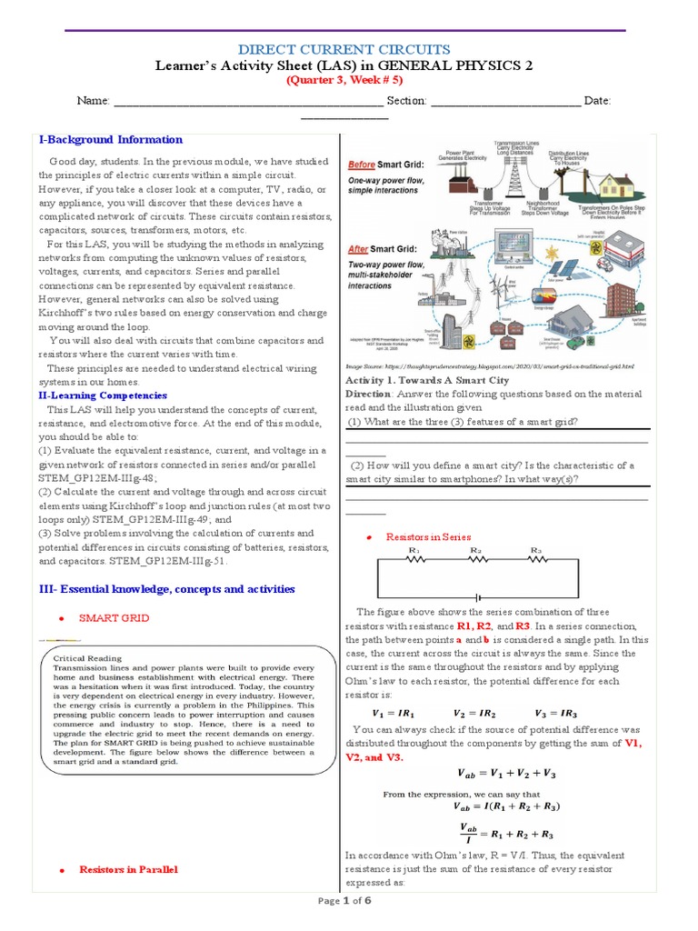 Learner's Activity Sheet (LAS) in GENERAL PHYSICS 2: Direct Current Circuits | PDF | Series And ...