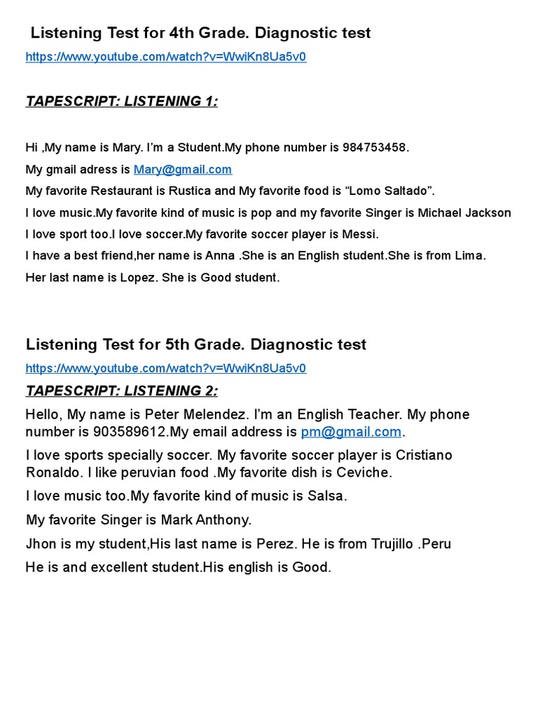 Listening Test For 4th Grade Answers | PDF