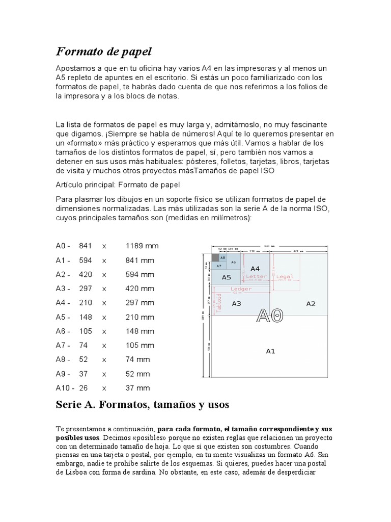 Formato de Papel: Serie A. Formatos, Tamaños y Usos | PDF