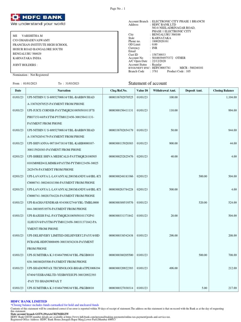 Statement of Account: Date Narration Chq./Ref - No. Value DT Withdrawal ...