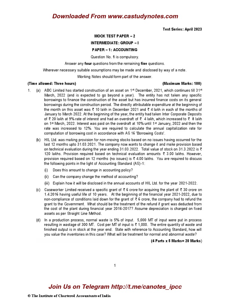 Test Series: April 2023 Mock Test Paper - 2 Intermediate: Group - I ...