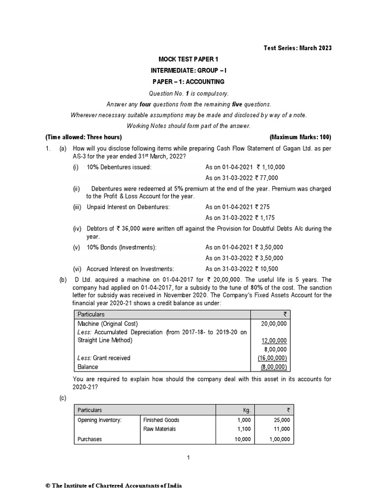 Test Series: March 2023 Mock Test Paper 1 Intermediate: Group - I Paper ...