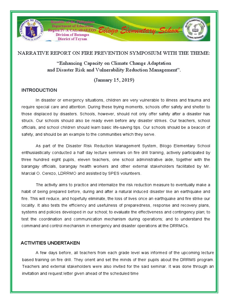Narrative On Fire Drill SY 2018-2019 | PDF | Emergency Management ...