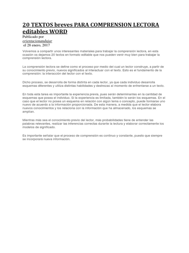 20 Textos Breves para Comprension Lectora Editables WORD: Publicado Por El 28 Enero, 2017 | PDF