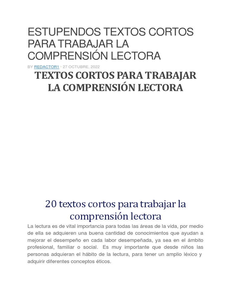 Estupendos Textos Cortos para Trabajar La Comprensión Lectora | PDF