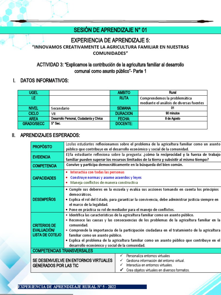 5° DPCC SESIÓN 1 EXP 5 Rural | PDF | Aprendizaje | Evaluación