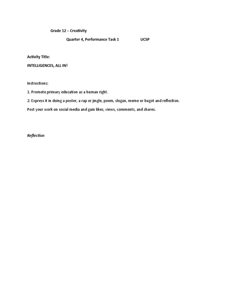 Grade 12 - Creativity Quarter 4, Performance Task 1 UCSP | PDF