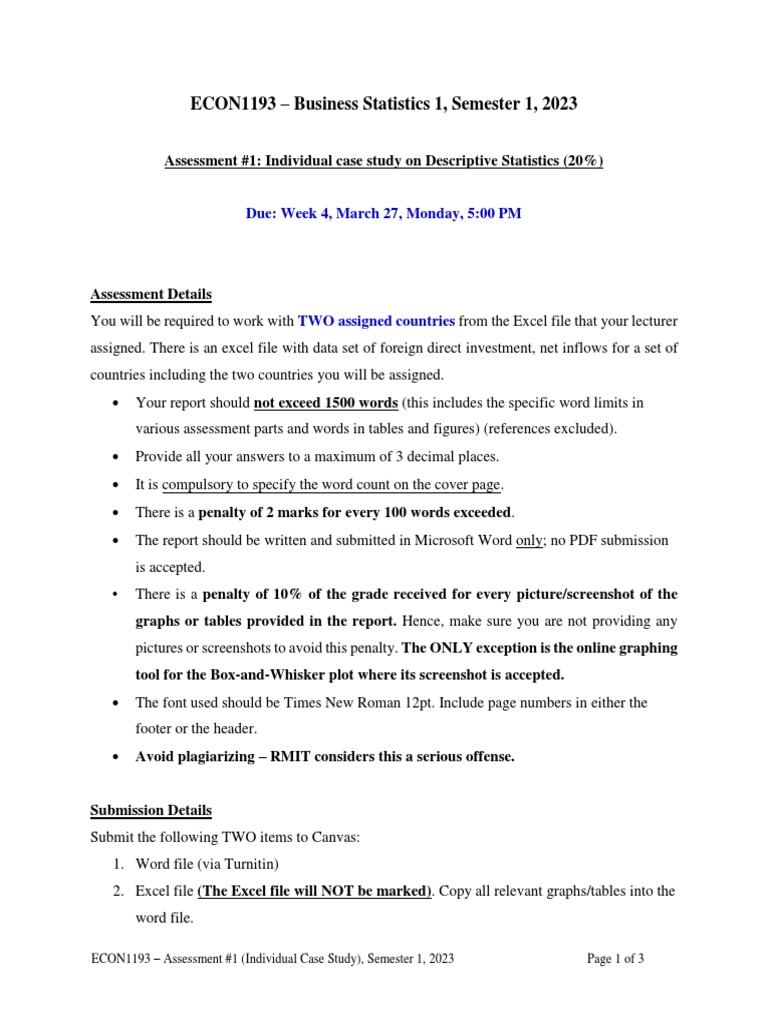 ECON1193 - Business Statistics 1, Semester 1, 2023: Due: Week 4, March 27, Monday, 5:00 PM | PDF ...