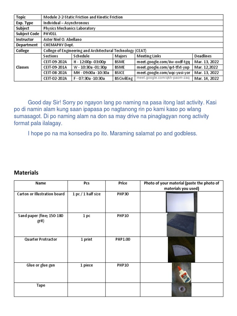 Static and Kinetic Friction Lab Guide | PDF | Friction | Physical Sciences