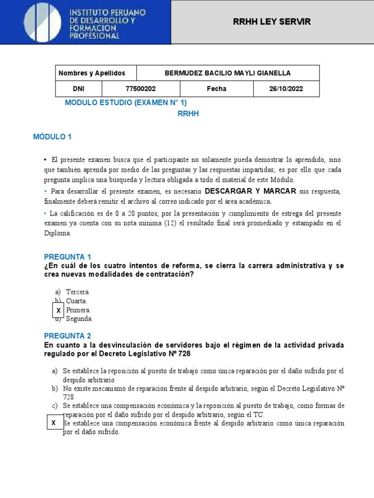 Examen Modulo 01 - RRHH | PDF | Judicaturas | Justicia