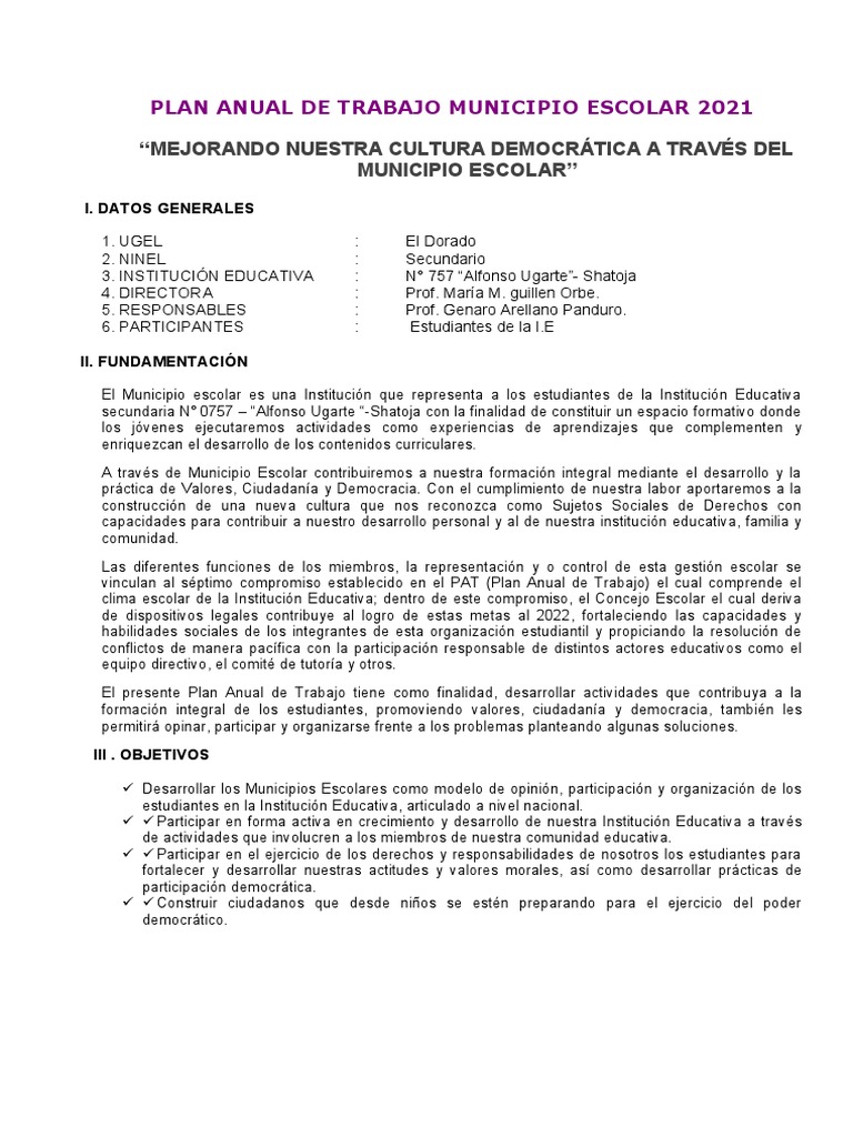 Plan de Trabajo Del Municipios 2021 | PDF | Alcalde | Democracia