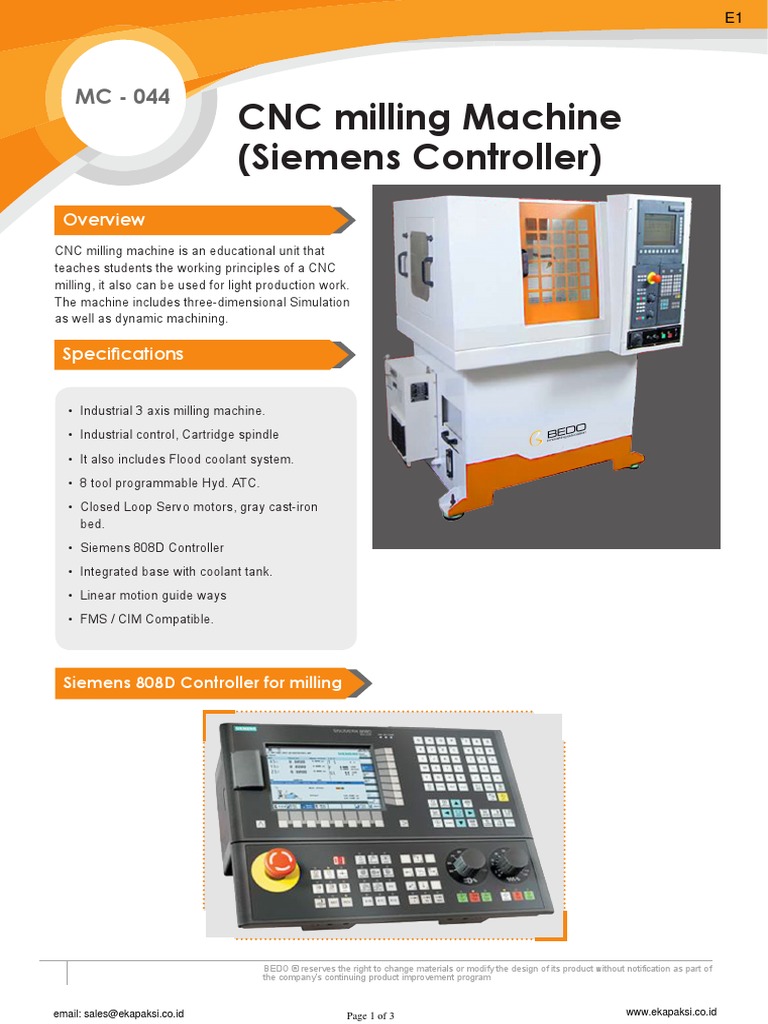 E1. MC-044 CNC Milling Machine (Siemens Controller) | Download Free PDF | Numerical Control ...