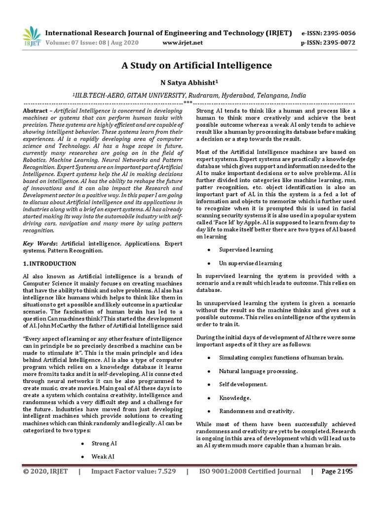A Study On Artificial Intelligence: International Research Journal of Engineering and Technology ...