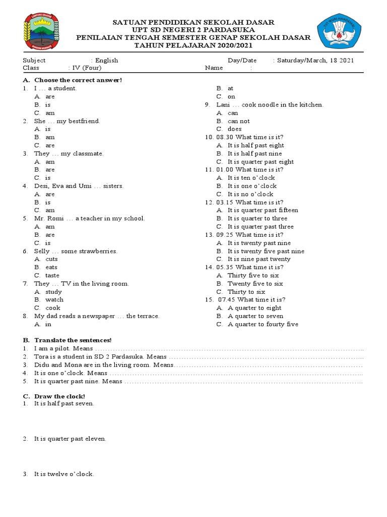 Soal Pts Bahasa Inggris Kelas 4 | PDF