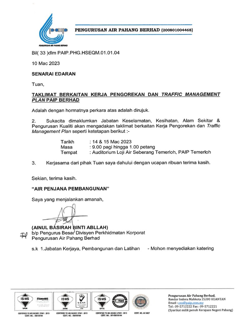 Surat Jemputan Latihan Kerja Pengorekan & TMP | PDF