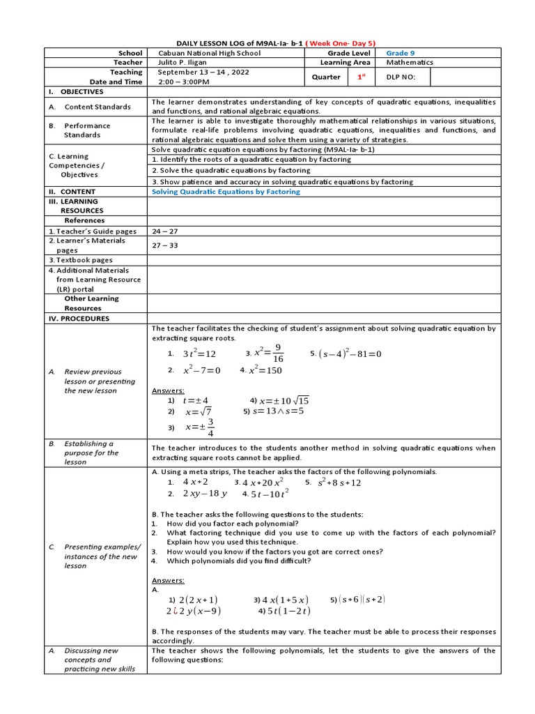 Solving Quadratic Equations by Factoring: A Daily Lesson Log from ...