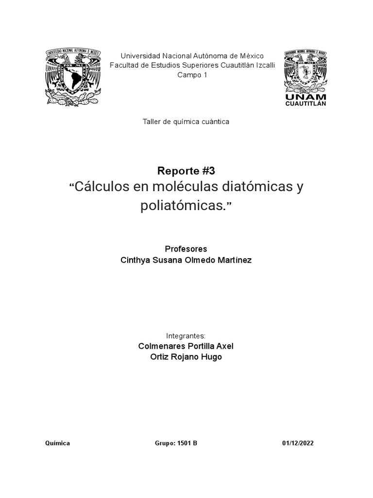 Reporte #3 "Cálculos en Moléculas Diatómicas y Poliatómicas | PDF | Moléculas | Enlace químico