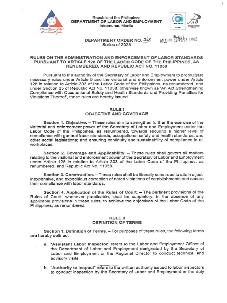 Department Order No. 238, Series of 2023 | PDF | Labor | Justice