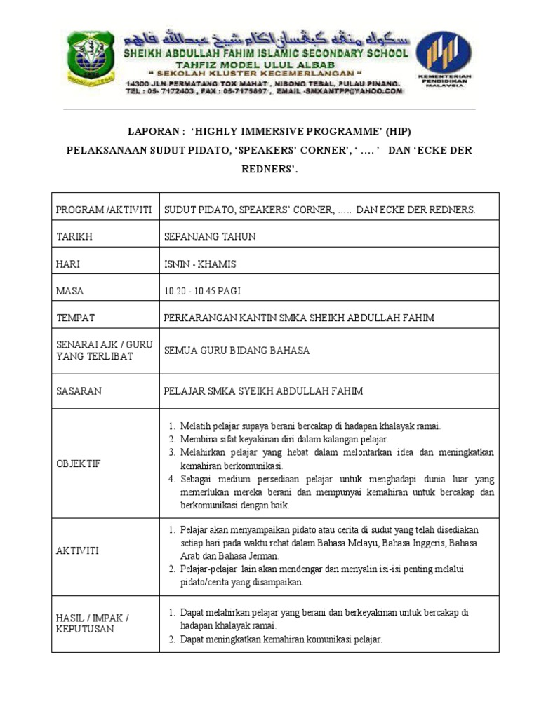 Laporan: Highly Immersive Programme' (Hip) Pelaksanaan Sudut Pidato ...