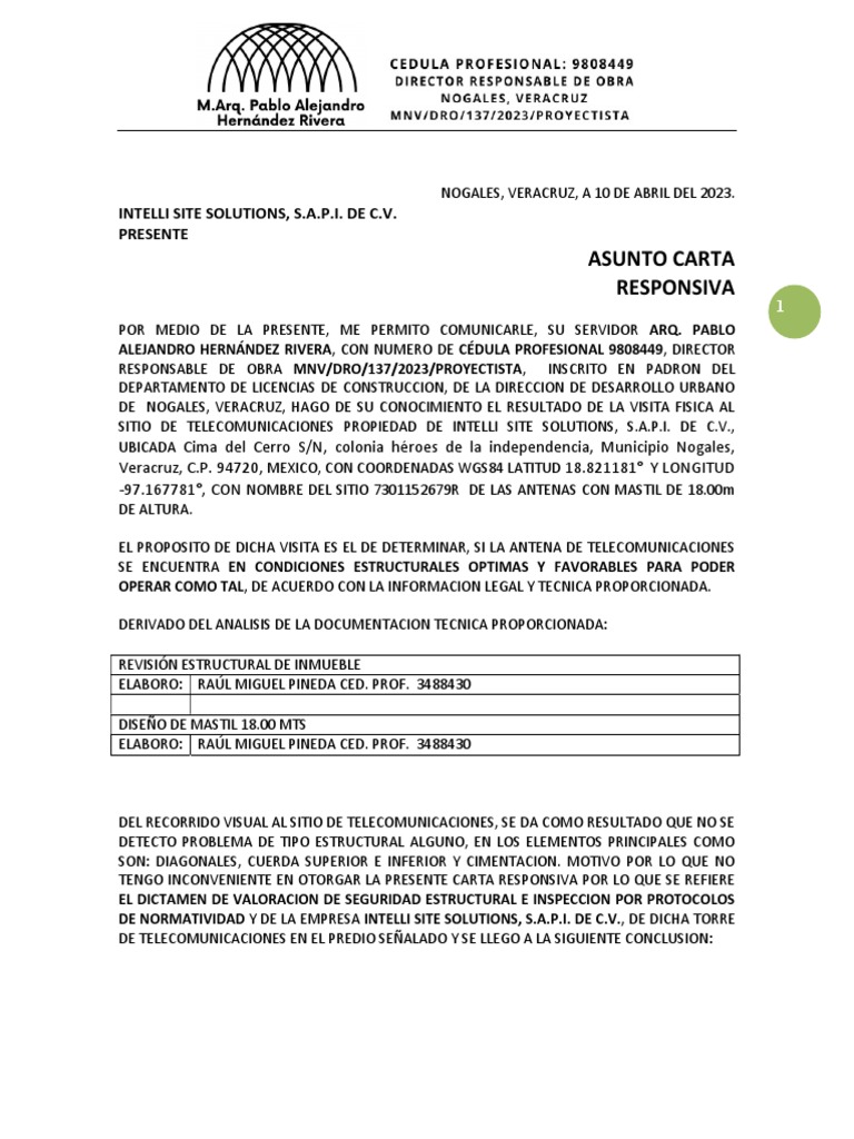 Asunto Carta Responsiva: Intelli Site Solutions, S.A.P.I. de C.V ...