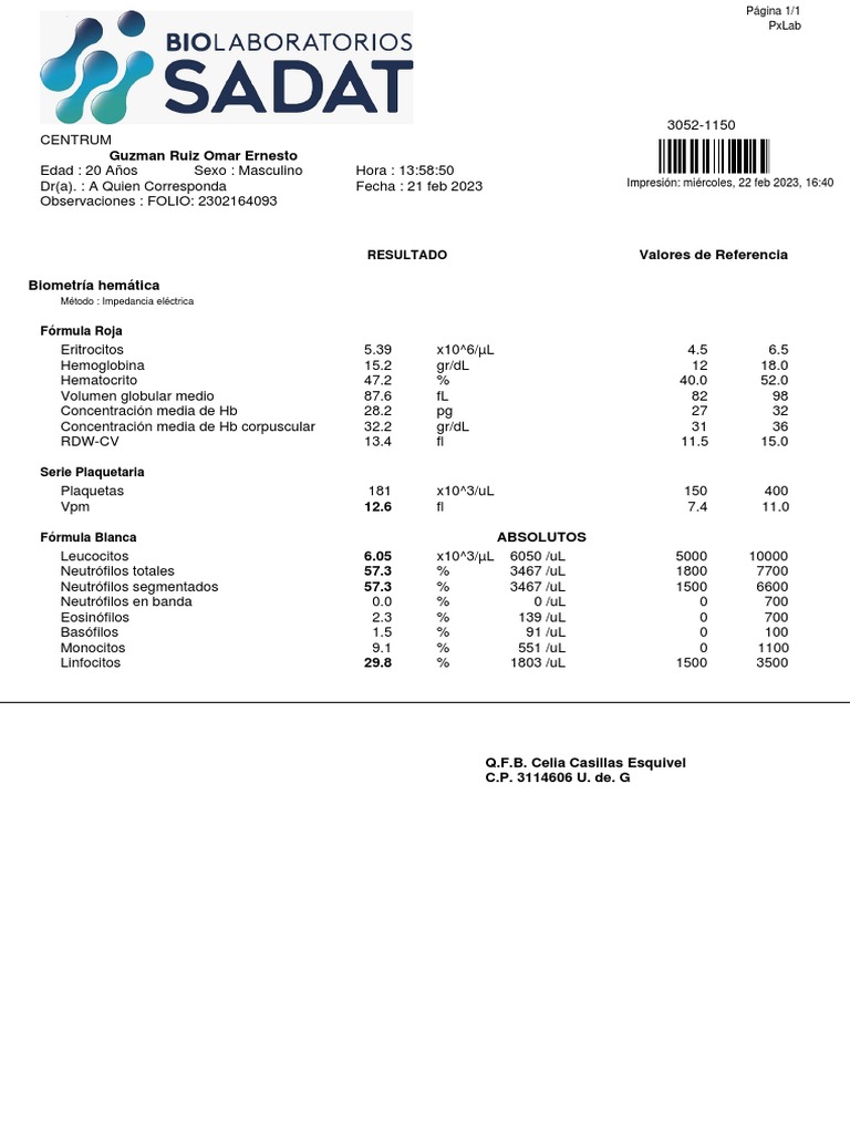 Resultados Sadat 3 | Descargar gratis PDF | Leucocito | Plaqueta