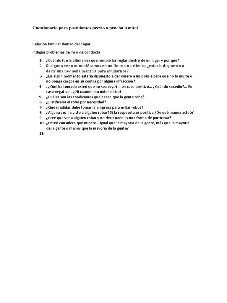 Cuestionario para Postulantes Previo A Prueba Amitai | PDF Cuestionario para Postulantes Previo A Prueba Amitai | PDF