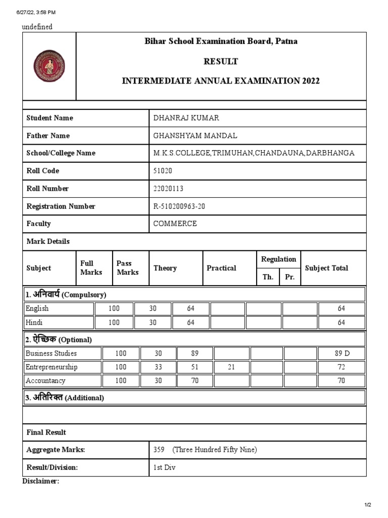 Dhanraj Marksheet | PDF