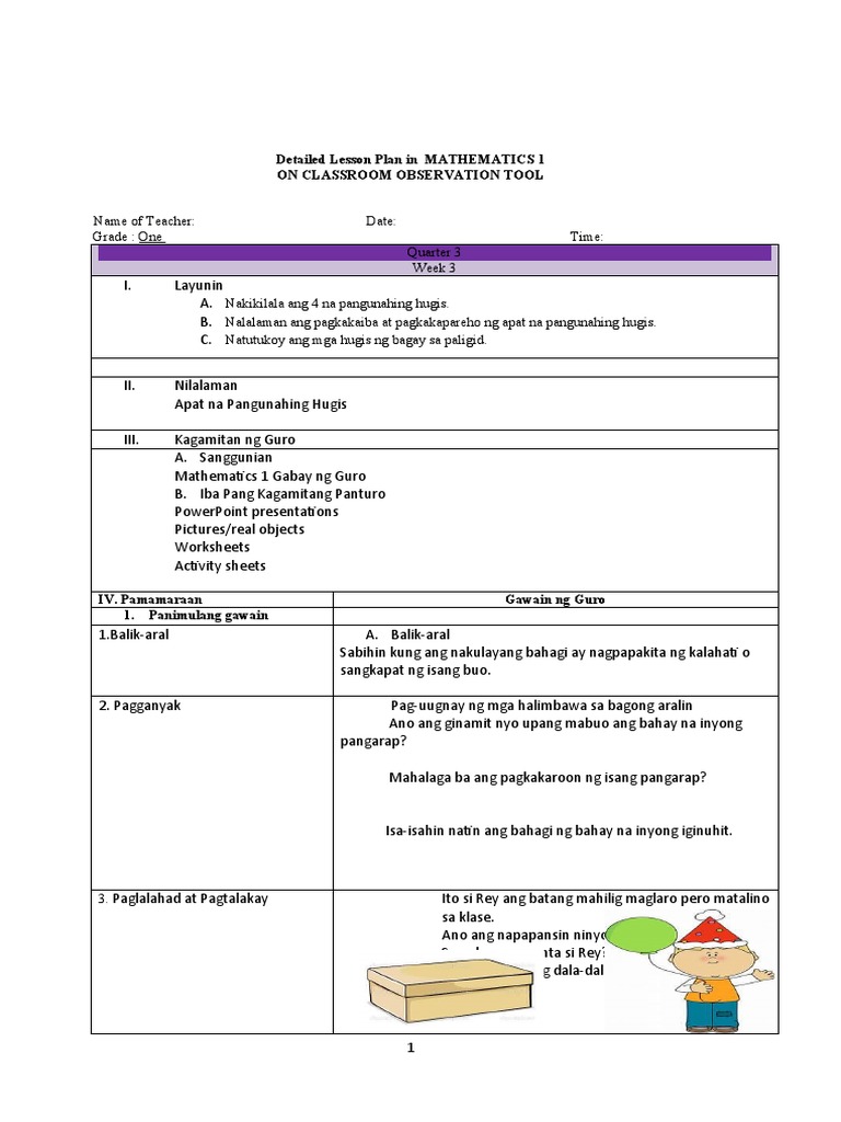 Detailed Lesson Plan in MATHEMATICS 1 On Classroom Observation Tool | PDF