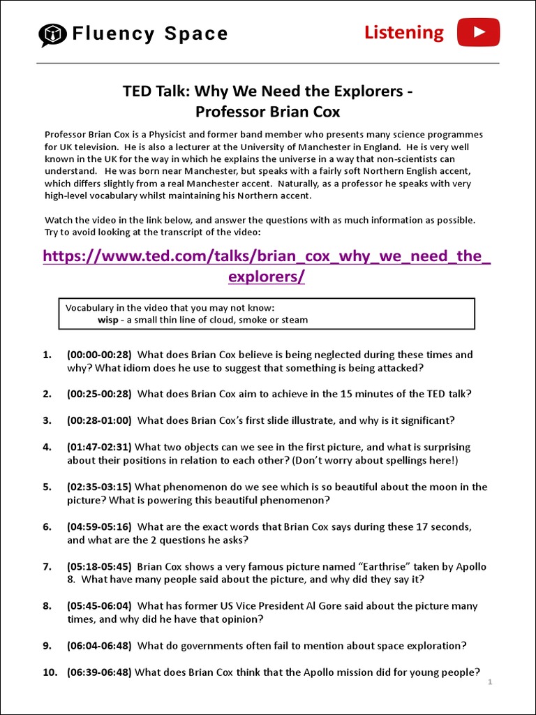 Listening: TED Talk: Why We Need The Explorers - Professor Brian Cox ...