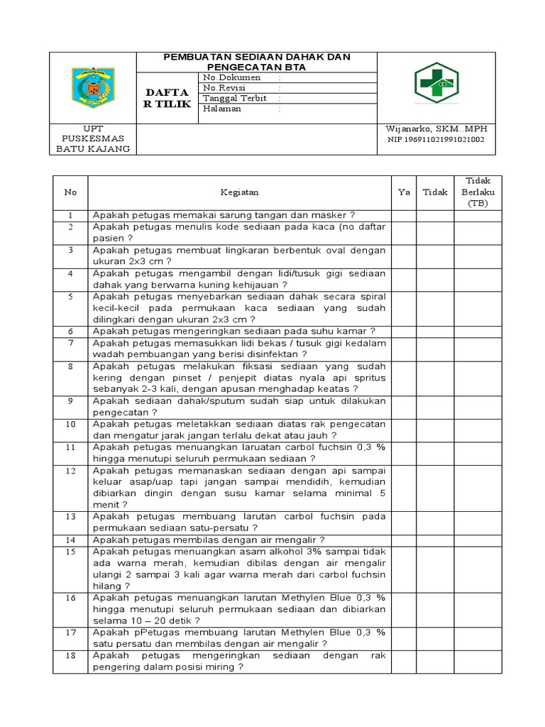 Daftar Tilik Pemeriksaan Bta | PDF
