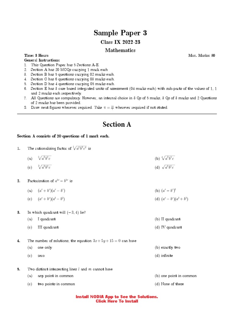 Sample Paper 3: Class IX 2022-23 Mathematics | PDF | Area | Triangle