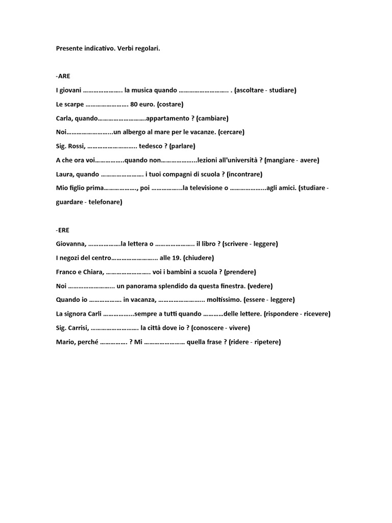 Verbi Regolari Compiti Are Ire | PDF