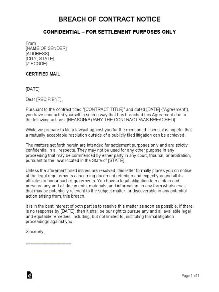 Breach of Contract Notice Letter | PDF