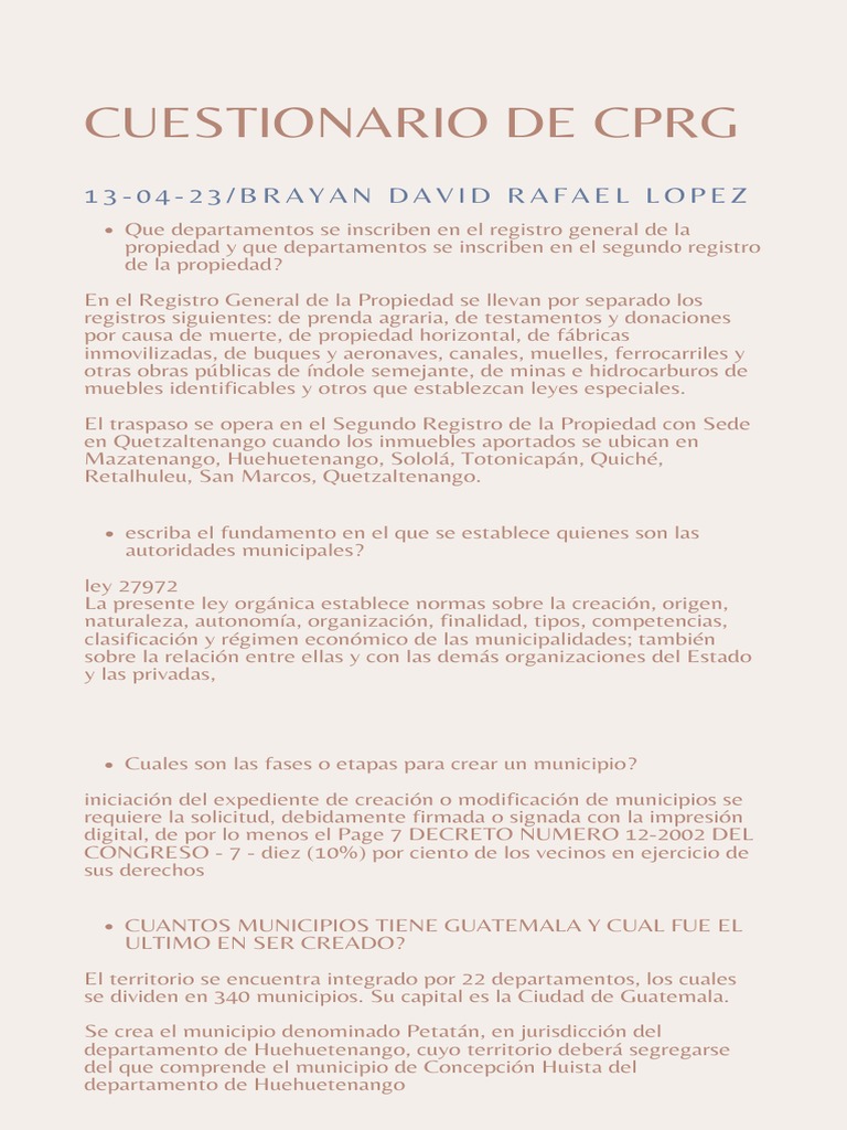 Cuestionario CPRG | PDF | Guatemala | Ejecutivo (gobierno)