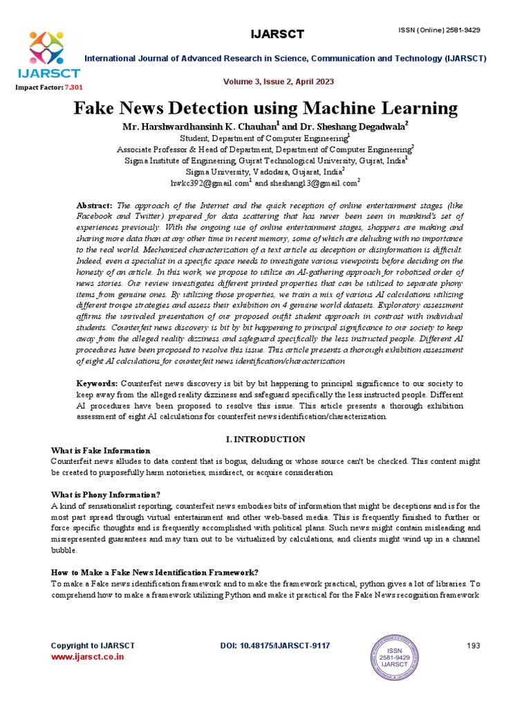 Fake News Detection Using Machine Learning | PDF | News | Artificial ...
