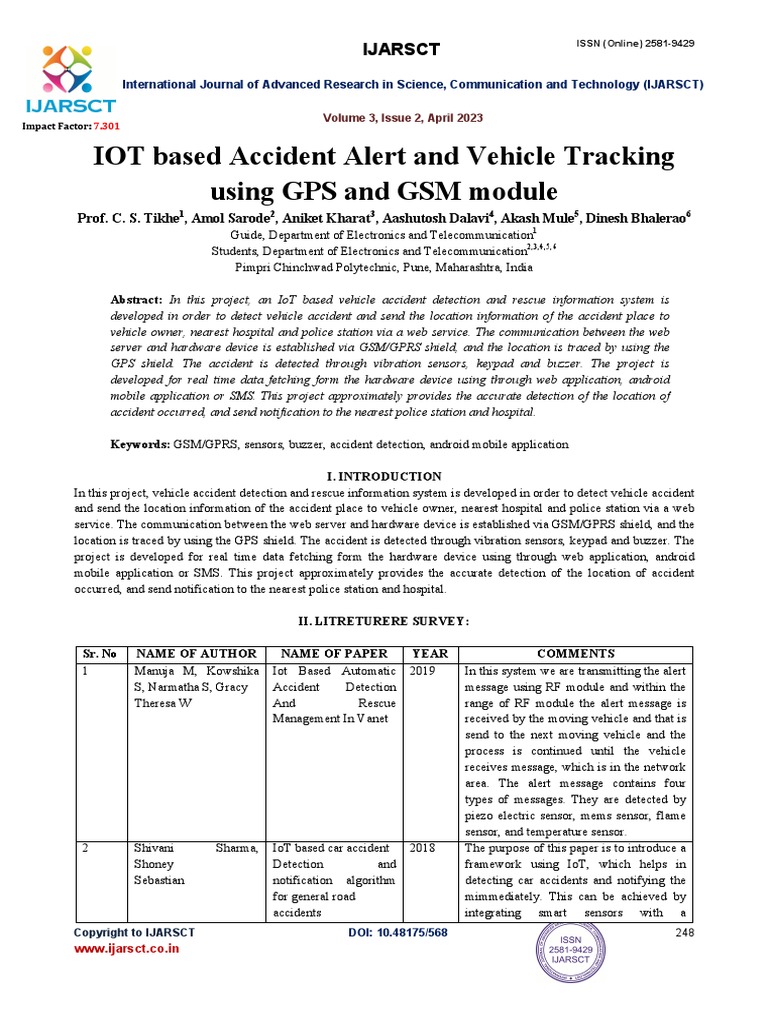 IOT Based Accident Alert and Vehicle Tracking Using GPS and GSM Module ...