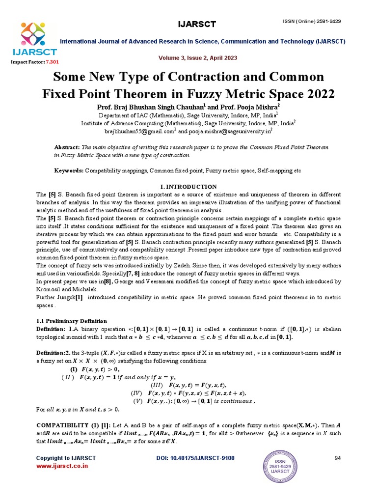 Some New Type of Contraction and Common Fixed Point Theorem in Fuzzy Metric Space 2022 | PDF ...