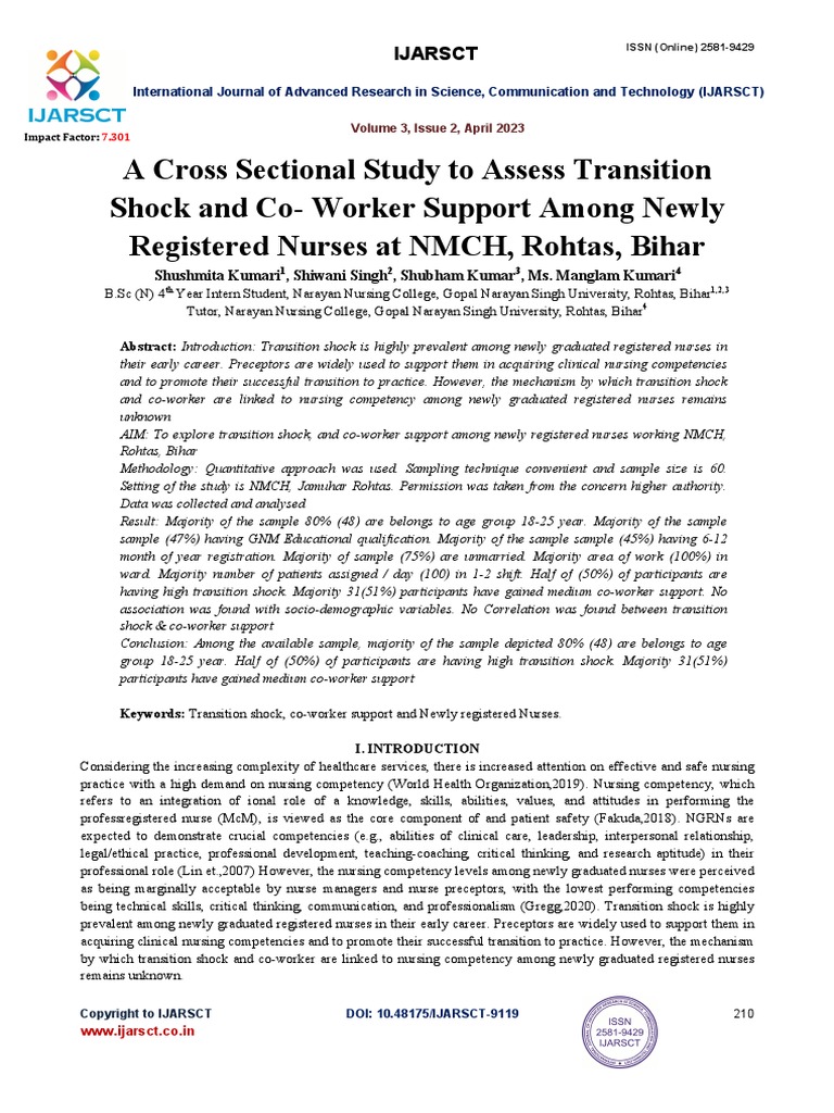 A Cross Sectional Study To Assess Transition Shock and Co - Worker Support Among Newly ...