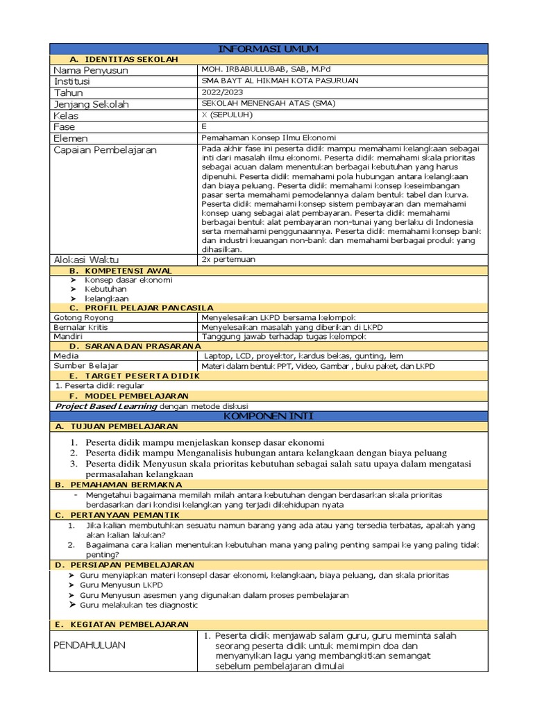 MENYUSUN MODUL AJAR EKONOMI KELAS 10 PJBL | PDF
