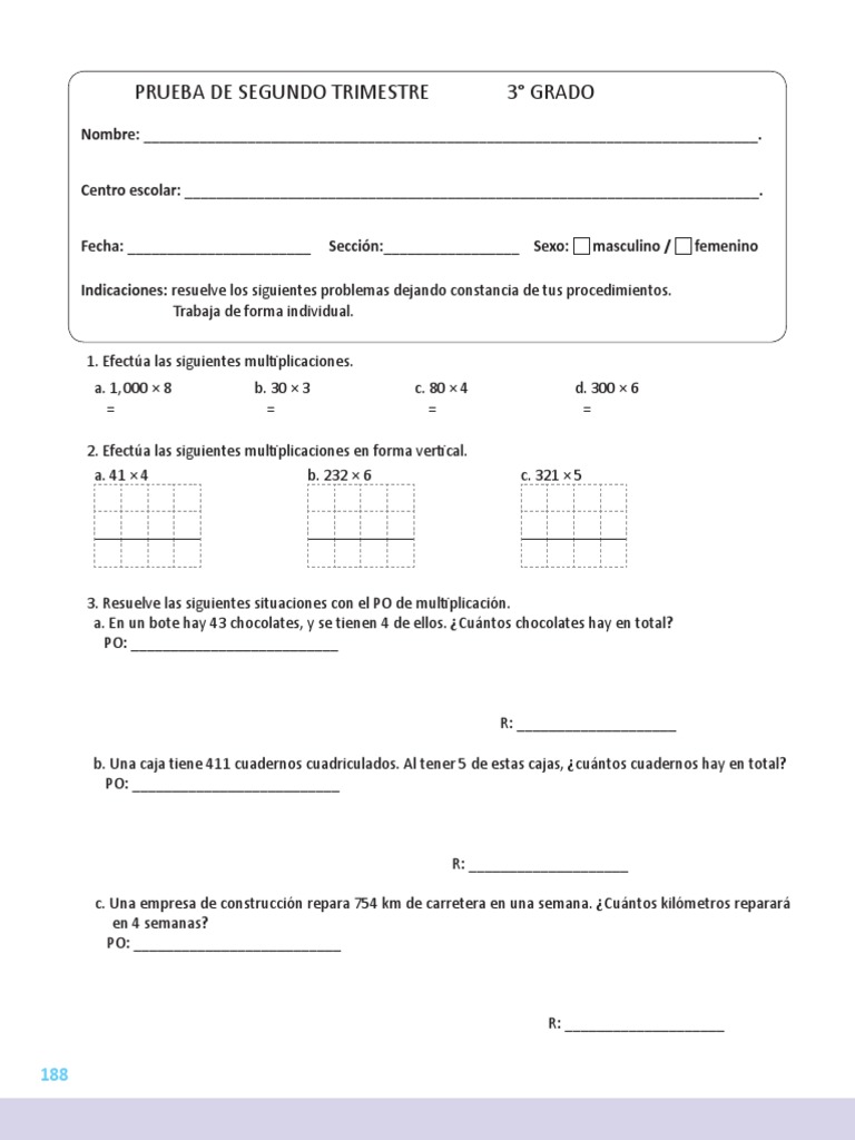 Examen de Matemáticas 3° Grado | PDF
