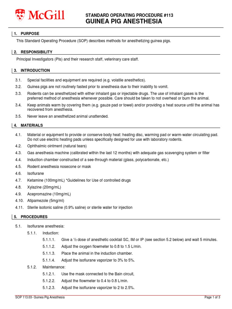 Guinea Pig Anesthesia Protocol Guide | PDF | Anesthesia | Dose ...