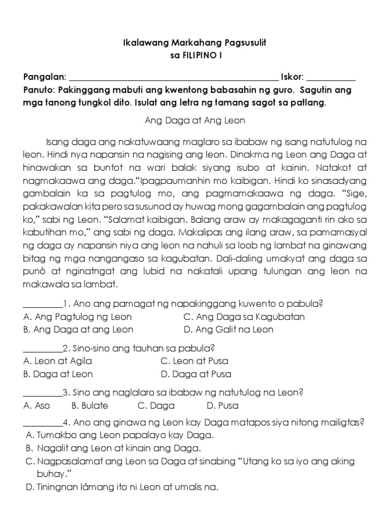 Grade 1 Filipino Q2 PT | PDF