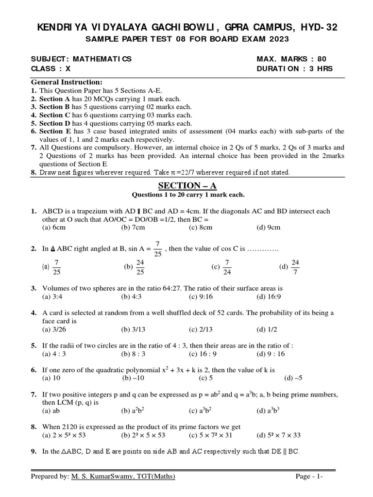 X Maths KS Sample Paper | PDF | Circle | Area