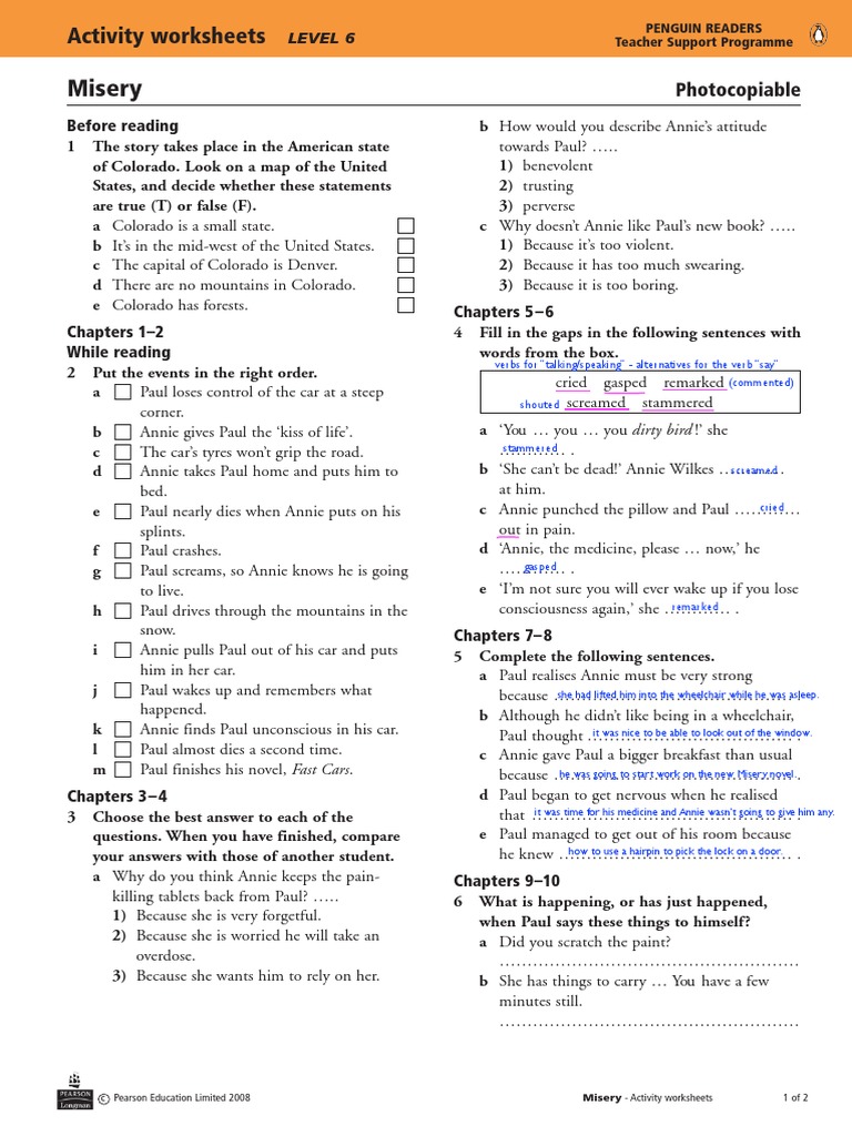 Misery: Activity Worksheets | PDF