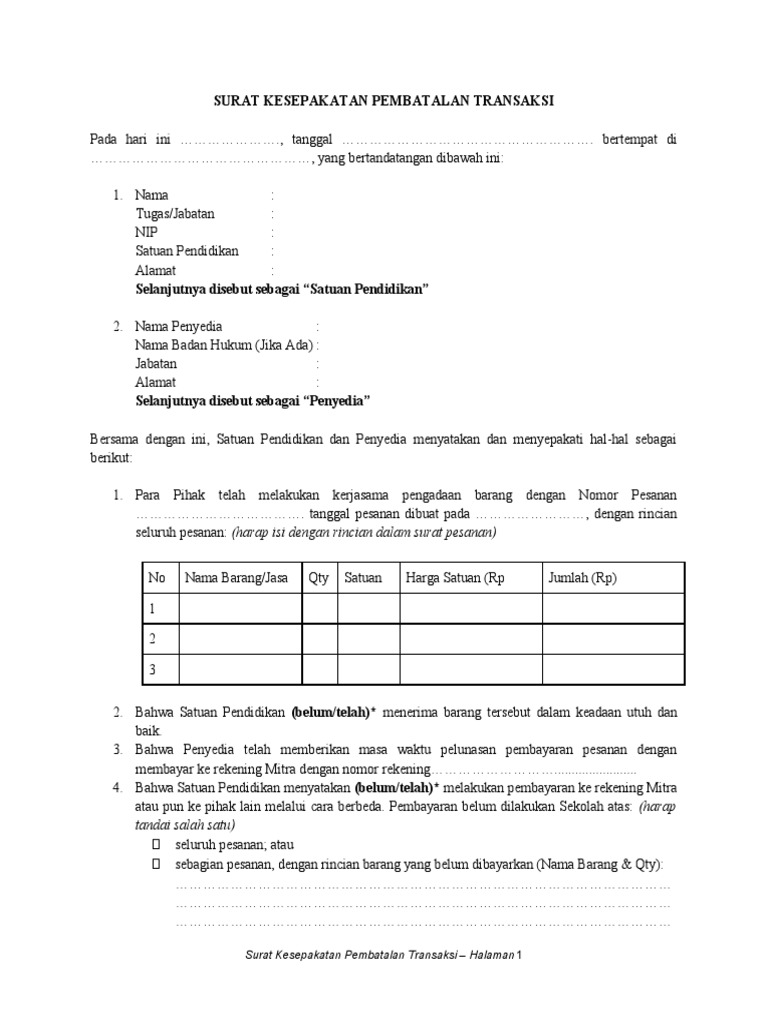 Surat Kesepakatan - Pembatalan - Sepenuhnya - Pesanan - Setelah - BAST | PDF