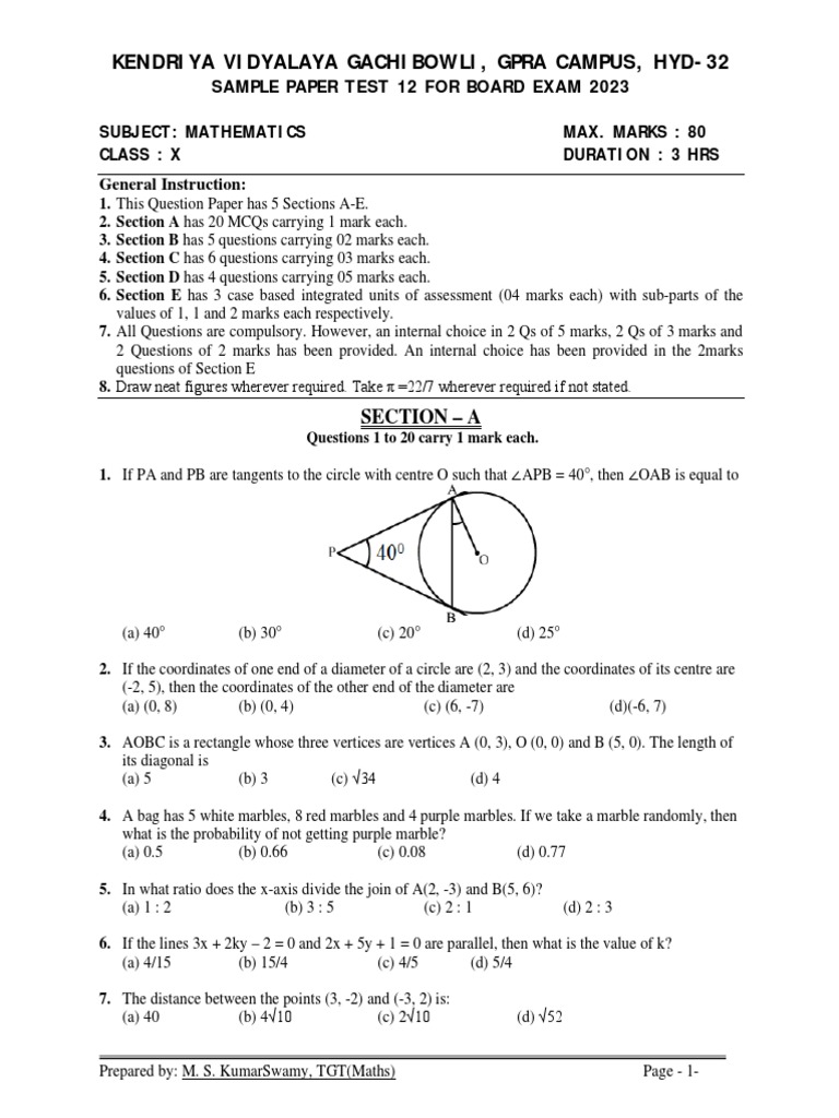 X Maths KS Sample Paper 12 | PDF | Circle | Area