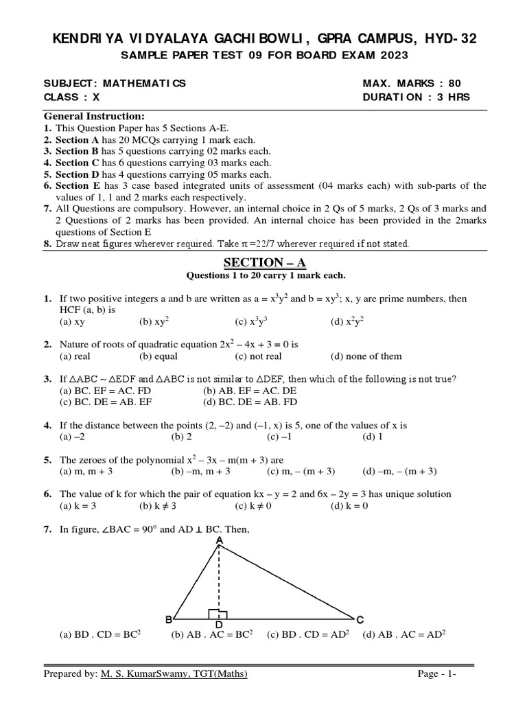 Kendriya Vidyalaya Gachibowli, Gpra Campus, Hyd-32: Sample Paper Test ...
