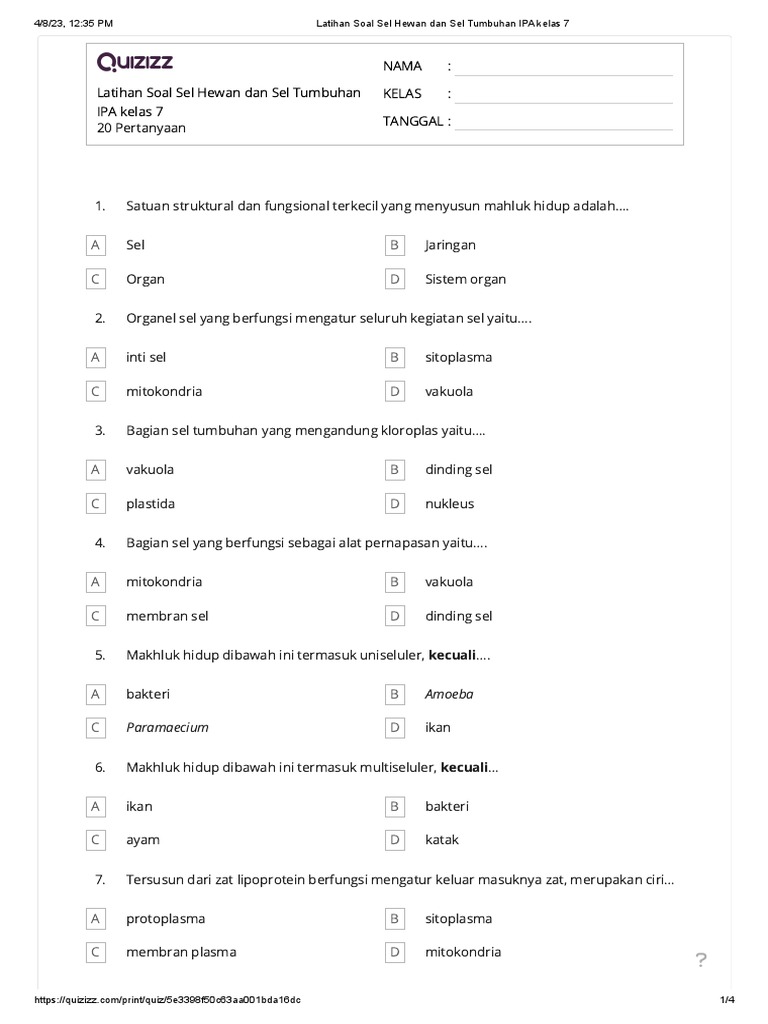 Latihan Soal Sel Hewan Dan Sel Tumbuhan IPA Kelas 7 | PDF
