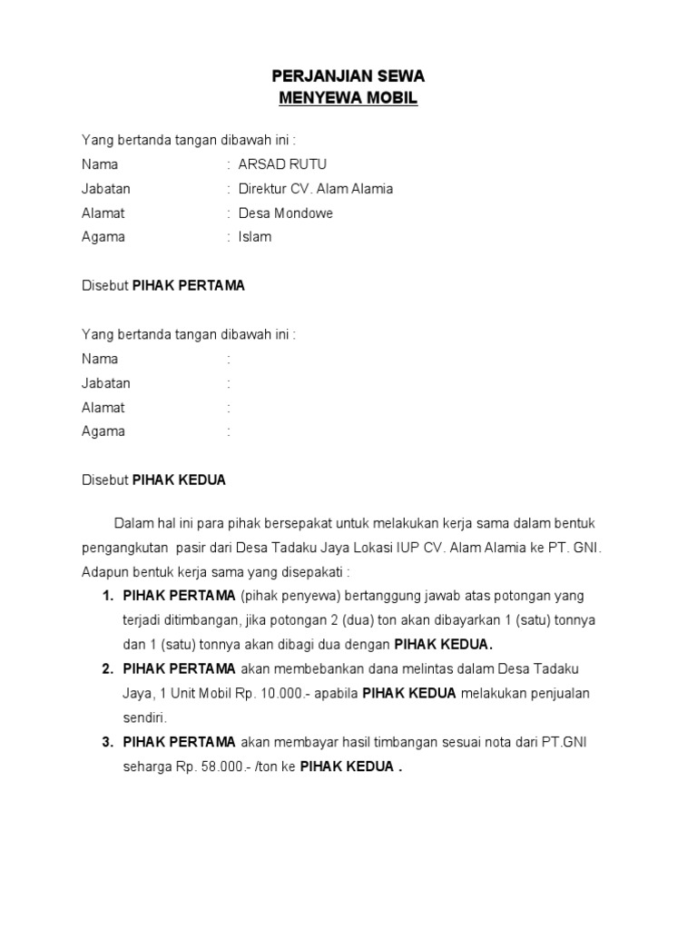 Perjanjian Sewa Mobil | PDF